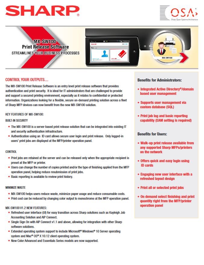 Sharp MX-SW100 Print Release Software - Advanced Copier Technologies